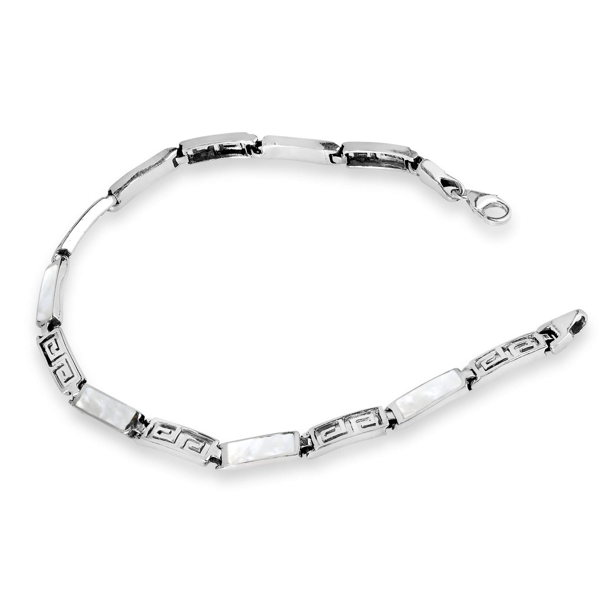 AeraVida Greek Key Labyrinth Mother of Pearl Inlay .925 Sterling Silver Link Bracelet | Mother of Pearl Bracelet | Greek Key Bracelet | Link Bracelet | Bracelet for Women