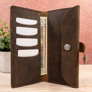 Hide & Drink, Folio Wallet, Holds Up to 4 Cards Plus Flat Bills & Coins, Card Holder, Travel Case, Full Grain Leather, Handmade, Bourbon Brown