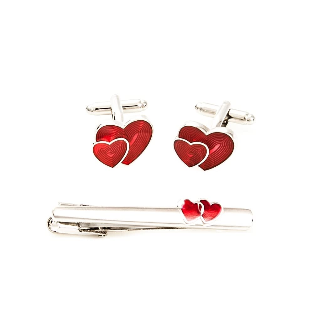 MRCUFF Heart Red Pair of Cufflinks & Tie Bar Clip with Presentation Gift Box & Polishing Cloth