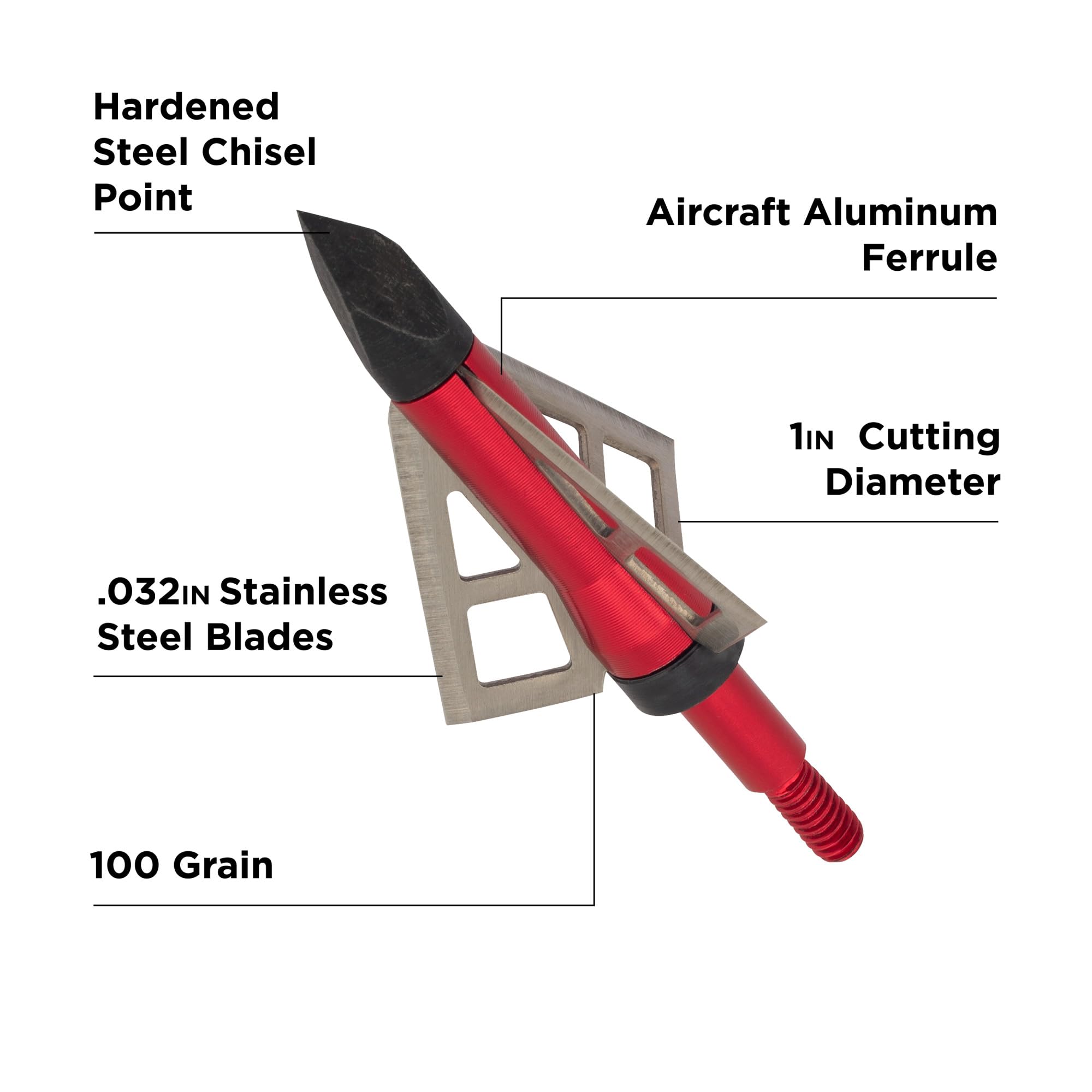 Allen Company Photon Hunting Broadhead, 100 Grain, 1.125 inches Cutting Diameter - Aluminum Ferrule, Stout .032 inch Thick Stainless Steel Blades, Carbon Steel Chisle Tip (3-Pack)