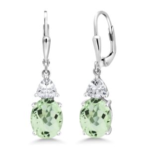 gem stone king 925 sterling silver green prasiolite and white zirconia dangle earrings for women (4.20 cttw, gemstone birthstone, oval 10x8mm, trillion 5mm)