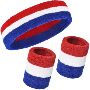 12 Pcs Striped Sweatbands Includes 4 Pcs Gay Pride Striped Headband 8 Pcs Rainbow Wristbands Sweatbands for Men Women Terry Cloth Gym LGBT Pride Parade Sports Supplies (Red White and Blue)