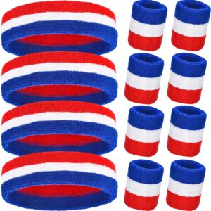 12 Pcs Striped Sweatbands Includes 4 Pcs Gay Pride Striped Headband 8 Pcs Rainbow Wristbands Sweatbands for Men Women Terry Cloth Gym LGBT Pride Parade Sports Supplies (Red White and Blue)