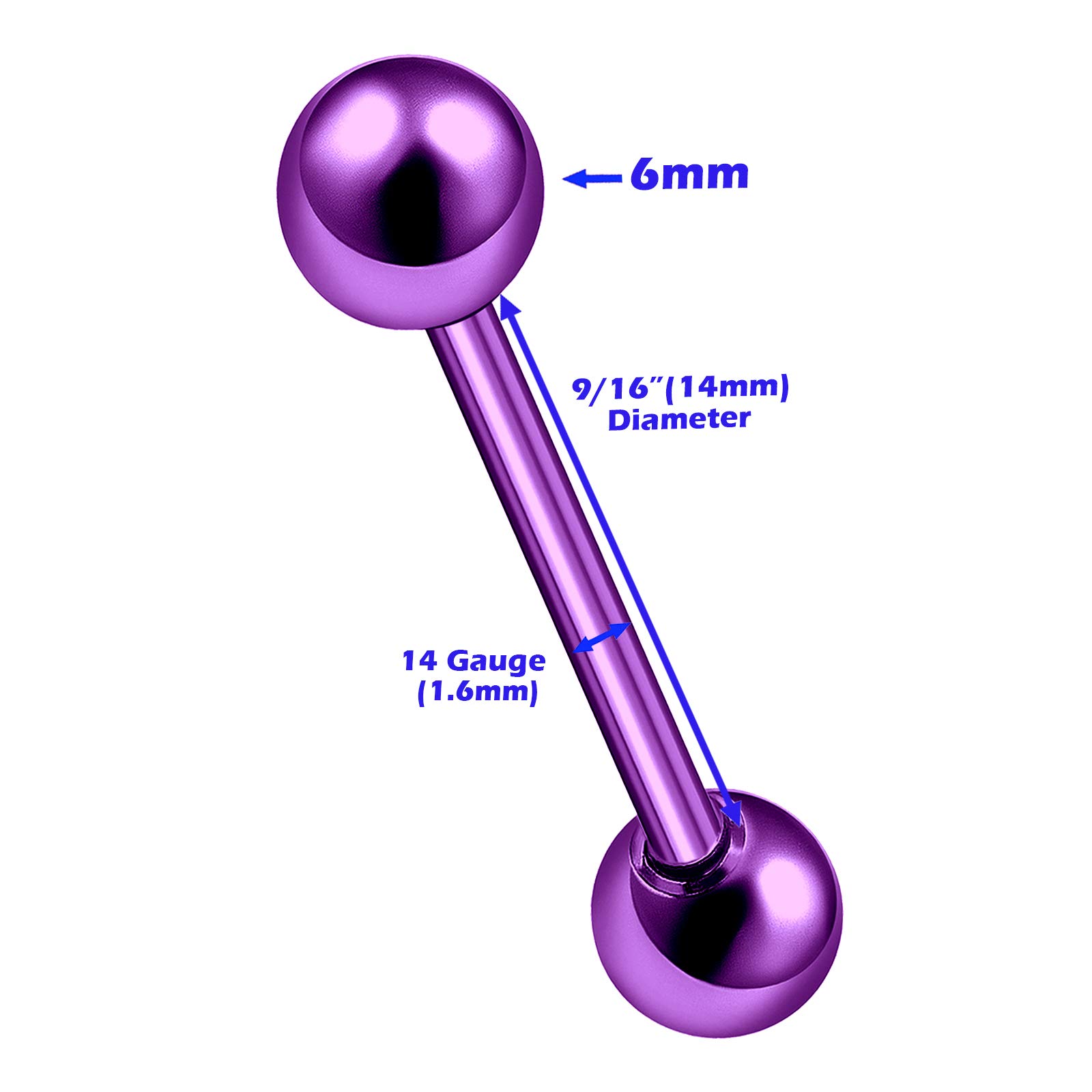 Purple Titanium 14 gauge 9/16 14mm Tongue Rings Jewelry Piercing Nipple 6mm Ball M5293