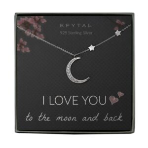 efytal mom gifts, 925 sterling silver cz crescent moon & stars necklace for mother, necklaces for women, best birthday gift ideas, pendant mother's jewelry for her, mothers day