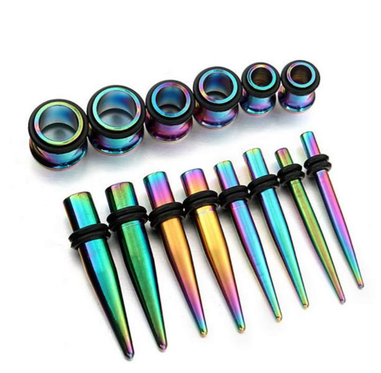 Kjiasiw 36PCS Ear Gauge Stretching Kit Stainless Steel Tapers and Plugs Set Eyelet 14G-00G Body Piercing Jewelry (Rainbow)