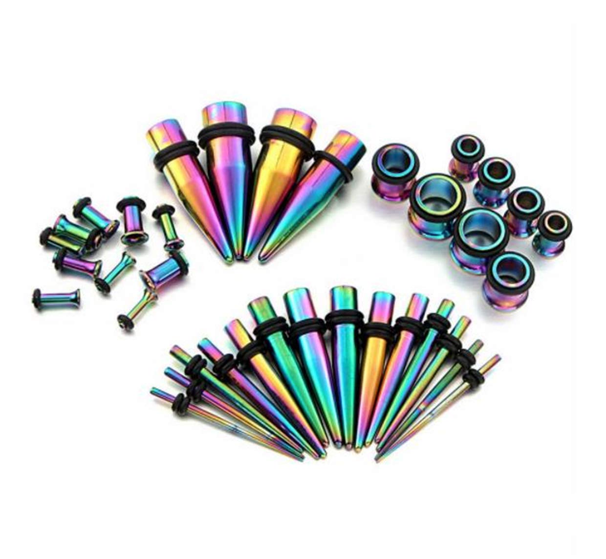 Kjiasiw 36PCS Ear Gauge Stretching Kit Stainless Steel Tapers and Plugs Set Eyelet 14G-00G Body Piercing Jewelry (Rainbow)