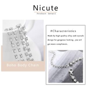 Nicute Boho Rhinestone Body Chain Crystal Bikini Bra Chains Summer Beach Body Jewelry for Women and Girls (Silver)