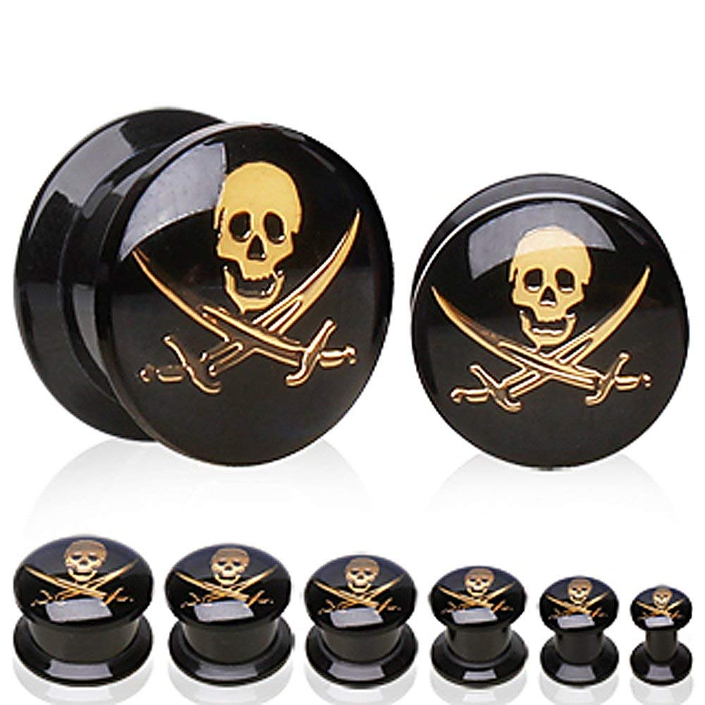 UV Coated Acrylic Double Flared Screw Fit Ear Plug with Pirate Logo (1/2")