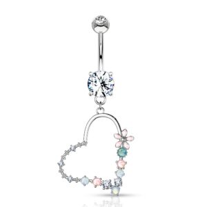 amelia fashion 14ga enamel flower & opalite stone set heart dangle belly button/navel ring double jeweled prong set 316l surgical steel (choose color) (clear)