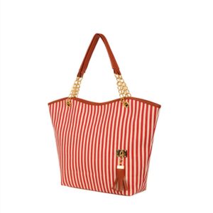 womens canvas handbag tassel stripes purse tote fashion shoulder bag large capacity, red and white