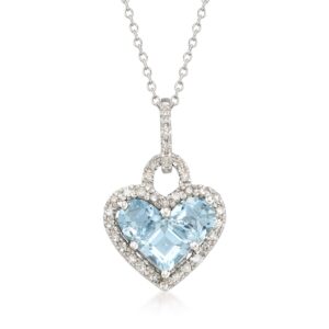 ross-simons 1.80 ct. t.w. aquamarine and .20 ct. t.w. diamond heart pendant necklace in sterling silver. 16 inches