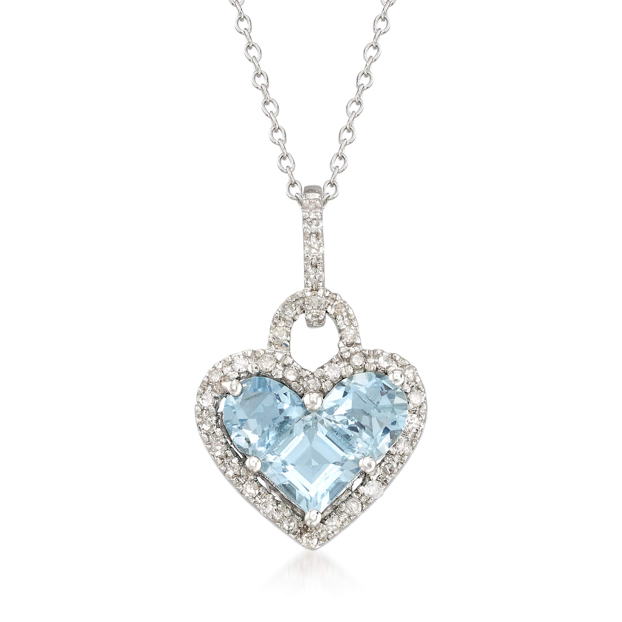 Ross-Simons 1.80 ct. t.w. Aquamarine and .20 ct. t.w. Diamond Heart Pendant Necklace in Sterling Silver. 16 inches