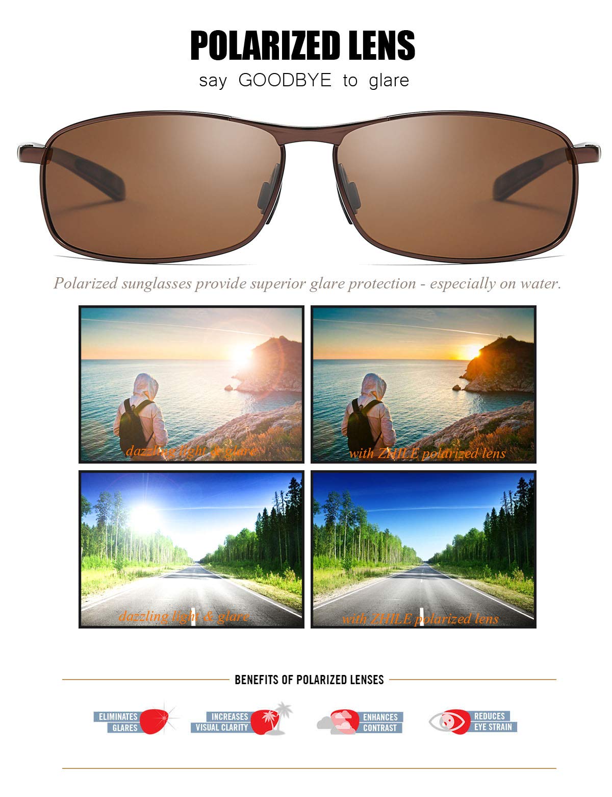 ZHILE Rectangular Polarized Sunglasses Anti Reflective Coating Lens Spring Hinge UV400 (Brown, Amber with AR COATING)