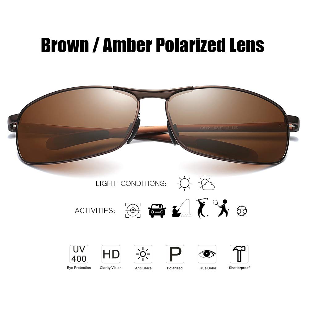 ZHILE Rectangular Polarized Sunglasses Anti Reflective Coating Lens Spring Hinge UV400 (Brown, Amber with AR COATING)