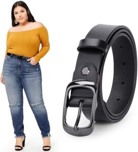 werforu women black leather belt plus size polished buckle for jeans pants(suit for size 50-54 inches, black)