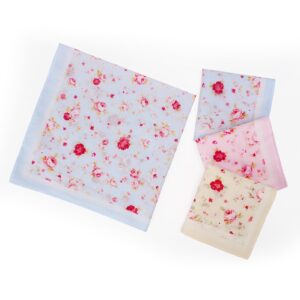 HOULIFE Ladies 100% 60S Cotton Handkerchiefs Womens Red Rose Floral Print Hankies for Wedding Party 18x18