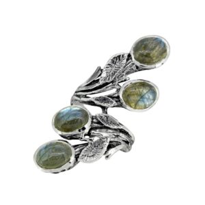 YoTreasure Natural Labradorite Solid 925 Sterling Silver Innovative Leaf Vine Design Ring