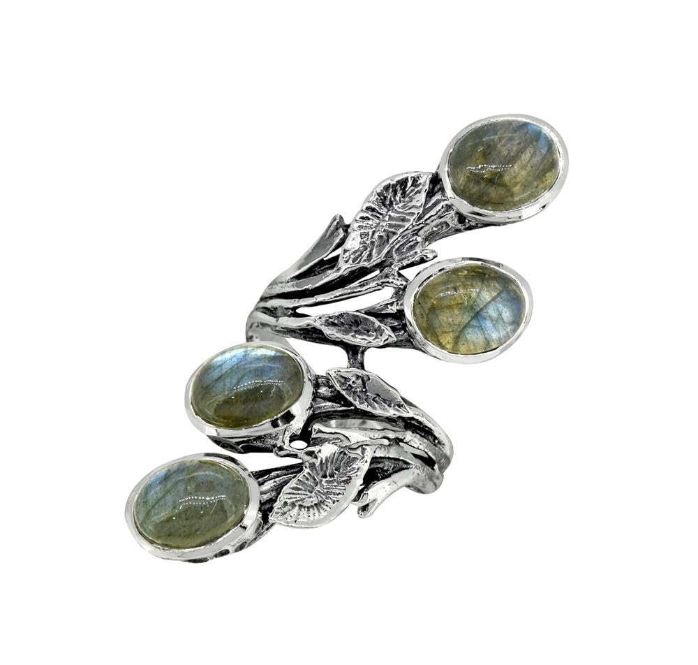 YoTreasure Natural Labradorite Solid 925 Sterling Silver Innovative Leaf Vine Design Ring