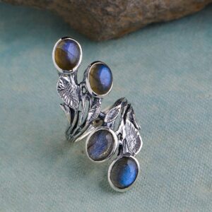 YoTreasure Natural Labradorite Solid 925 Sterling Silver Innovative Leaf Vine Design Ring