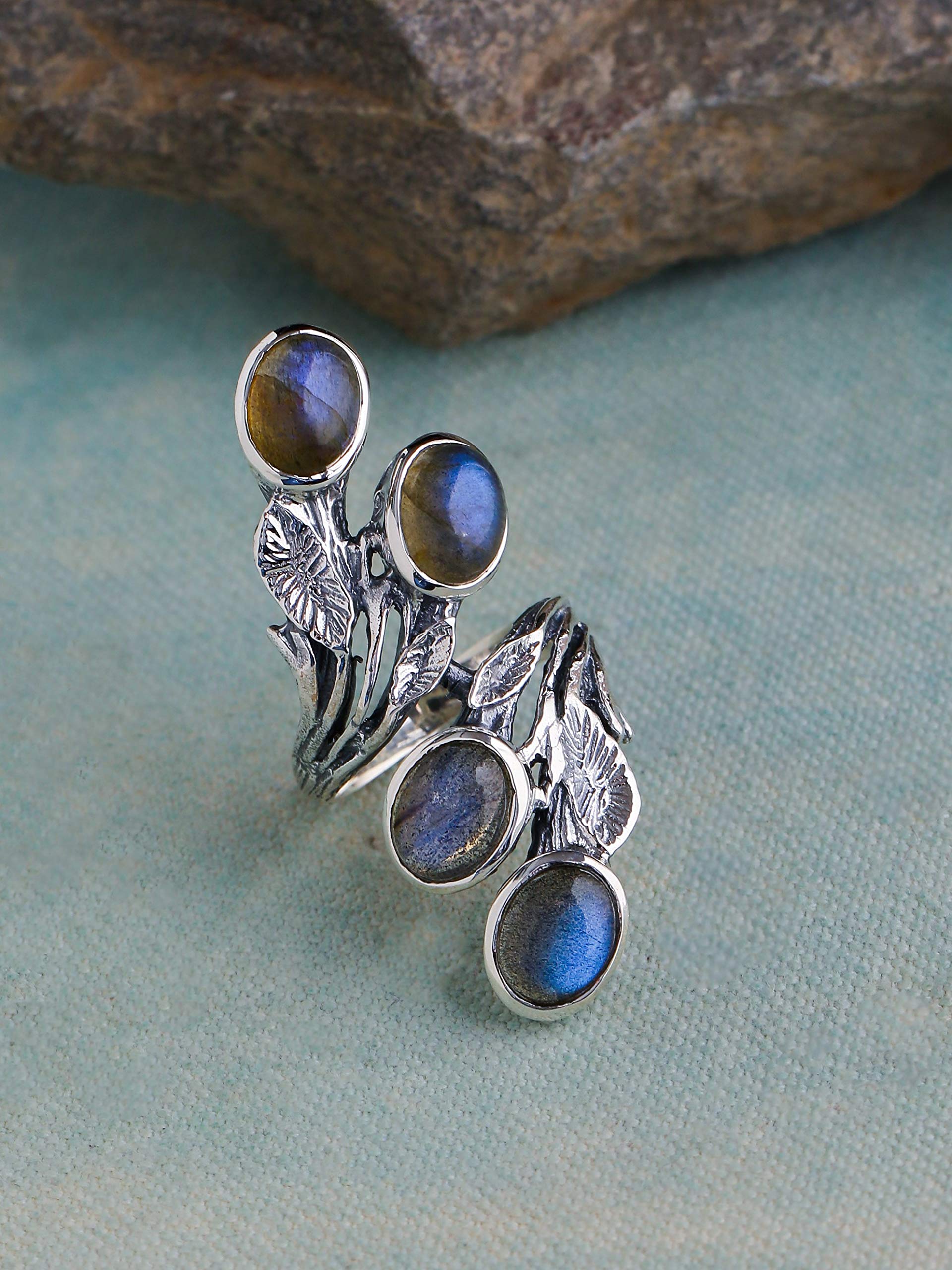 YoTreasure Natural Labradorite Solid 925 Sterling Silver Innovative Leaf Vine Design Ring