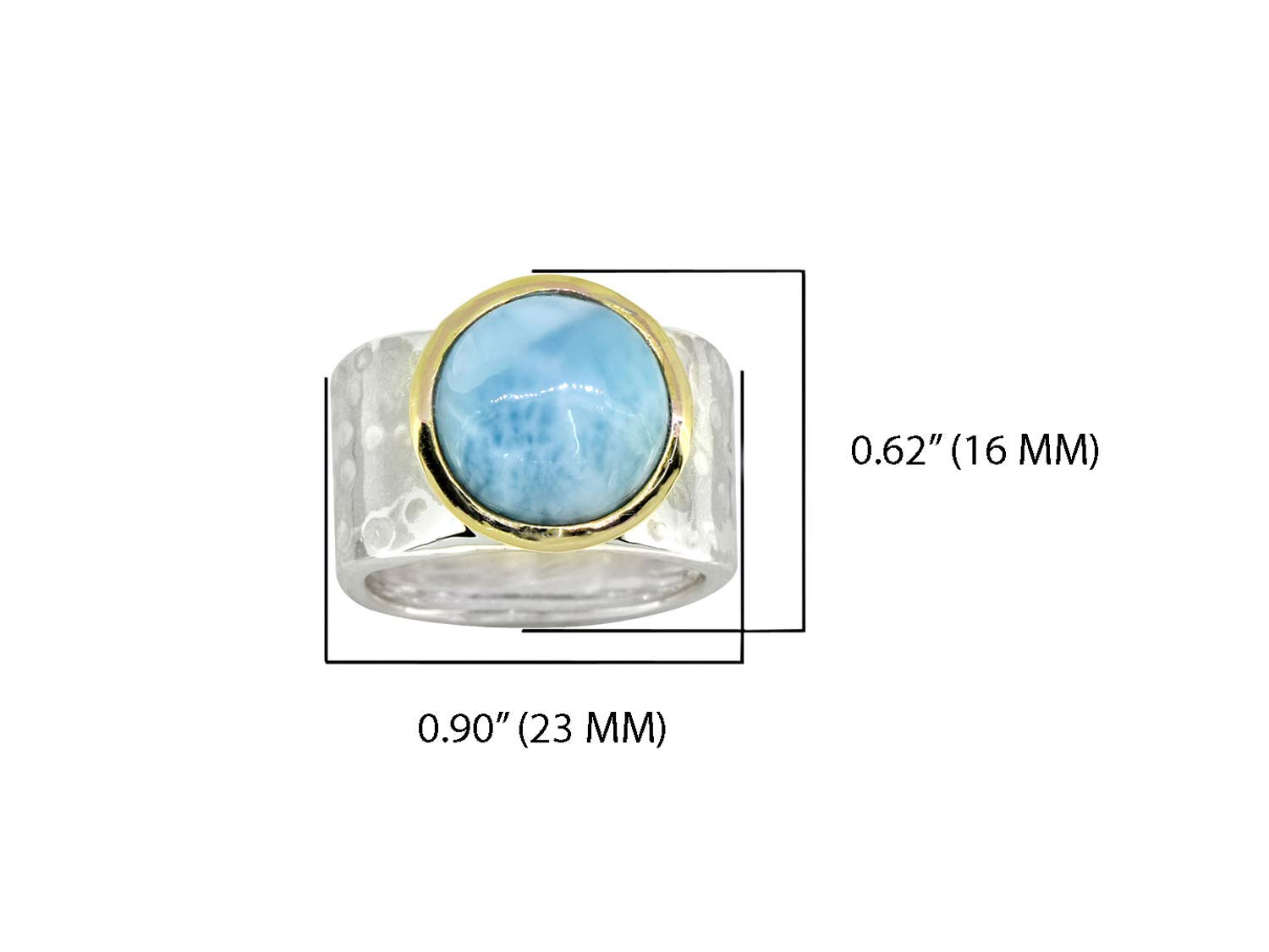 YoTreasure 13 MM Larimar Wide Band Hammered Ring .925 Sterling Silver Brass (10)