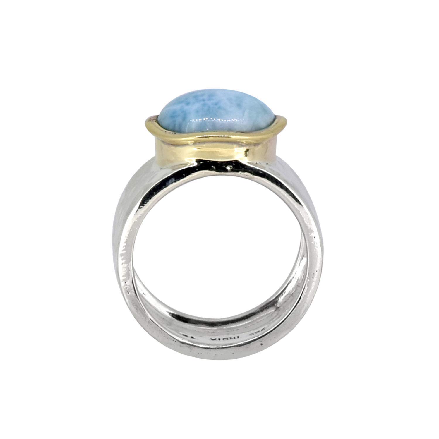 YoTreasure 13 MM Larimar Wide Band Hammered Ring .925 Sterling Silver Brass (10)