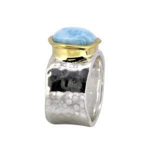 YoTreasure 13 MM Larimar Wide Band Hammered Ring .925 Sterling Silver Brass (10)