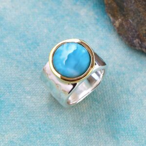 YoTreasure 13 MM Larimar Wide Band Hammered Ring .925 Sterling Silver Brass (10)