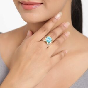 YoTreasure 13 MM Larimar Wide Band Hammered Ring .925 Sterling Silver Brass (10)