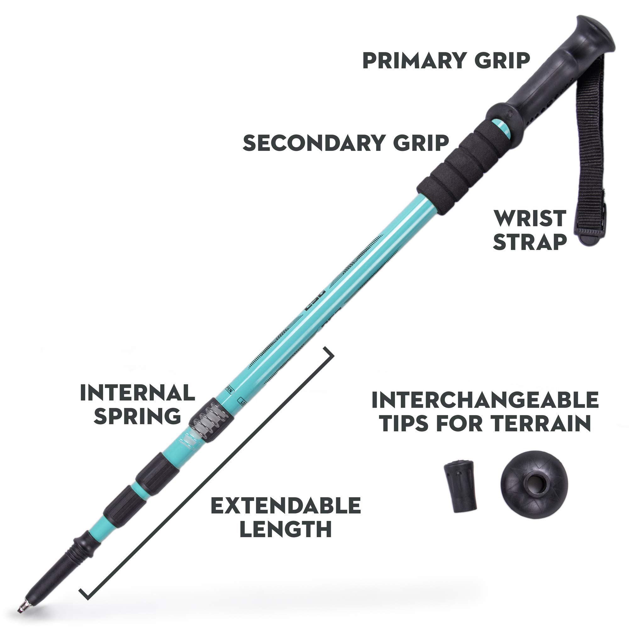 Trekking Pole & Walking Staff | Strong, Lightweight Aluminum | Extends up to 53" Collapses down to 23" | All-terrain: Interchangeable Carbonite Ice Pick Tip, Rubber Asphalt Tip, and Snow Cap (Green)