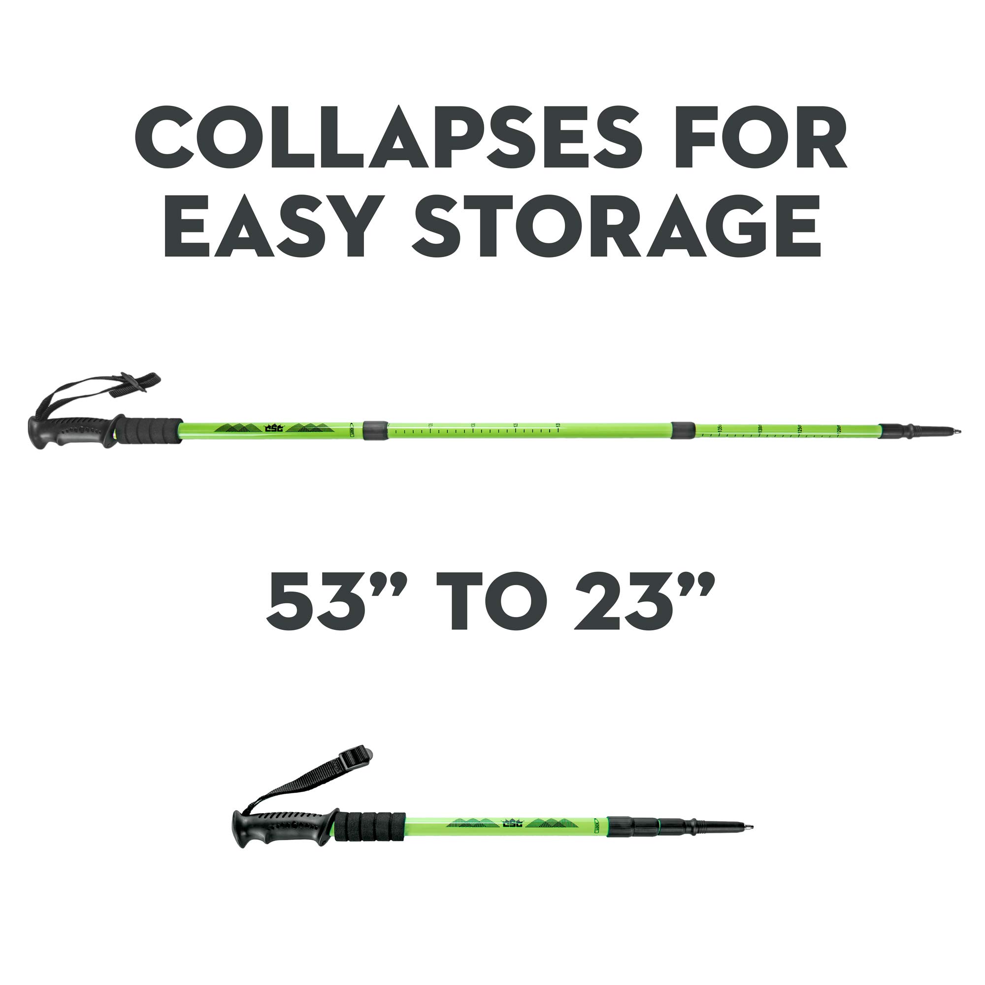 Trekking Pole & Walking Staff | Strong, Lightweight Aluminum | Extends up to 53" Collapses down to 23" | All-terrain: Interchangeable Carbonite Ice Pick Tip, Rubber Asphalt Tip, and Snow Cap (Green)