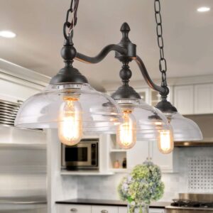 log barn dining room light fixture hanging, farmhouse chandelier in rustic black metal with clear glass shades, adjustable chains, pendant for kitchen island