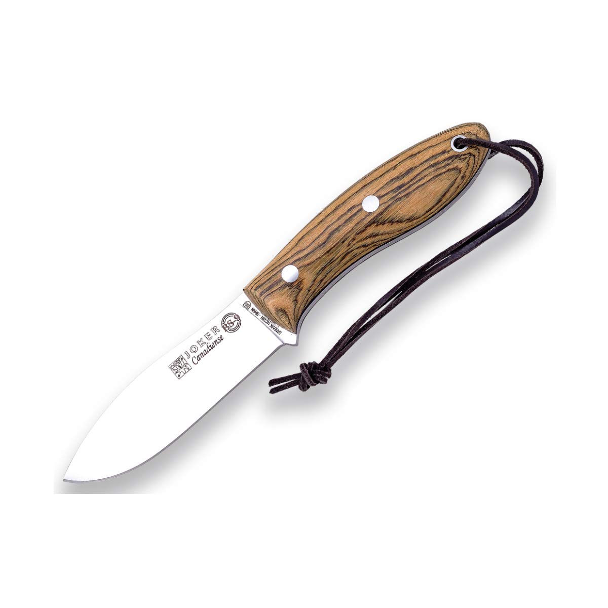 Joker Hunting and Bushcraft Knife Canadiense CB114-P, Mouth Wood Handle, 4.13 inches Blade of SANDVIK 14C28N, with Leather + Fire Starter Sheath, Tool for Fishing, Hunting, Camping and Hiking