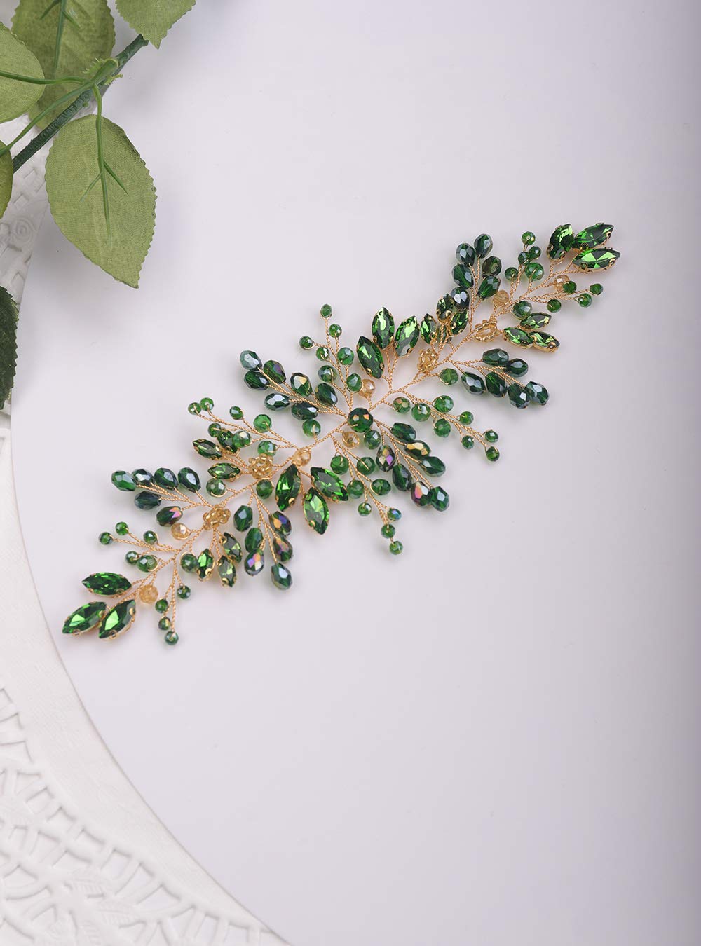 Kercisbeauty Bride Hair Accessories Green Crystal Hair Vine Gold Headband Evening Party Prom Women Hair Piece Vintage Wedding