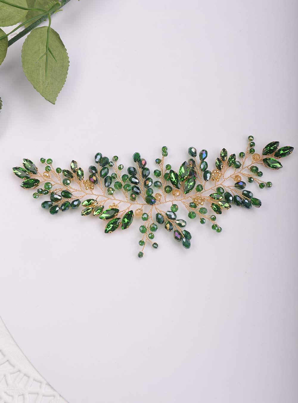 Kercisbeauty Bride Hair Accessories Green Crystal Hair Vine Gold Headband Evening Party Prom Women Hair Piece Vintage Wedding