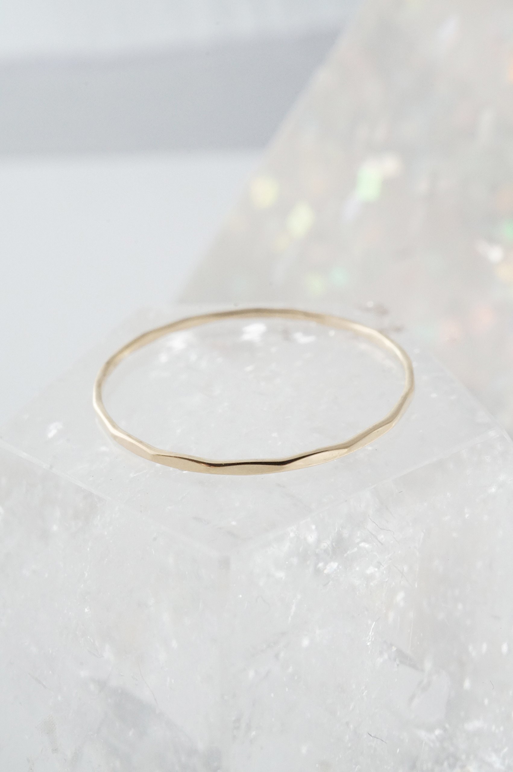 Honeycat Super Skinny Hammered Stacking Ring in Solid 14K Gold or 14k Rose Gold (Size 5-9) (Gold, 8)