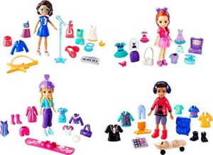 polly pocket travel toy playset with four (3-inch) dolls and 40+ fashion accessories, themed characters fashion pack