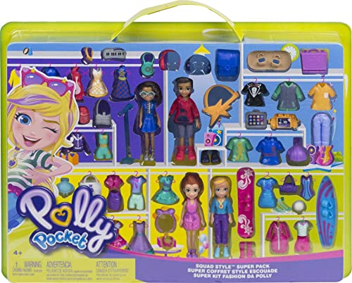 Polly Pocket Travel Toy Playset with Four (3-inch) Dolls and 40+ Fashion Accessories, Themed Characters Fashion Pack