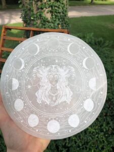 crystalsahoy ethically mined 6" etched selenite charging plate, etched with hecate, goddess charging station, etched in appleton, wi usa