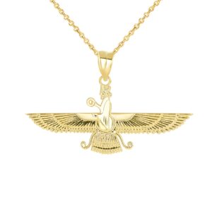 elegant 14k yellow gold persian farvahar faravahar pendant necklace, 22"