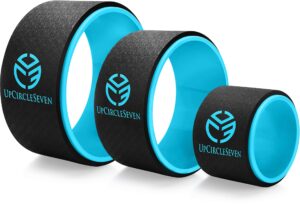 upcircleseven yoga wheel set - strongest & most comfortable dharma yoga prop wheel, 3 pack for back pain stretching & backbends (12, 10, 6 inch) (blue)