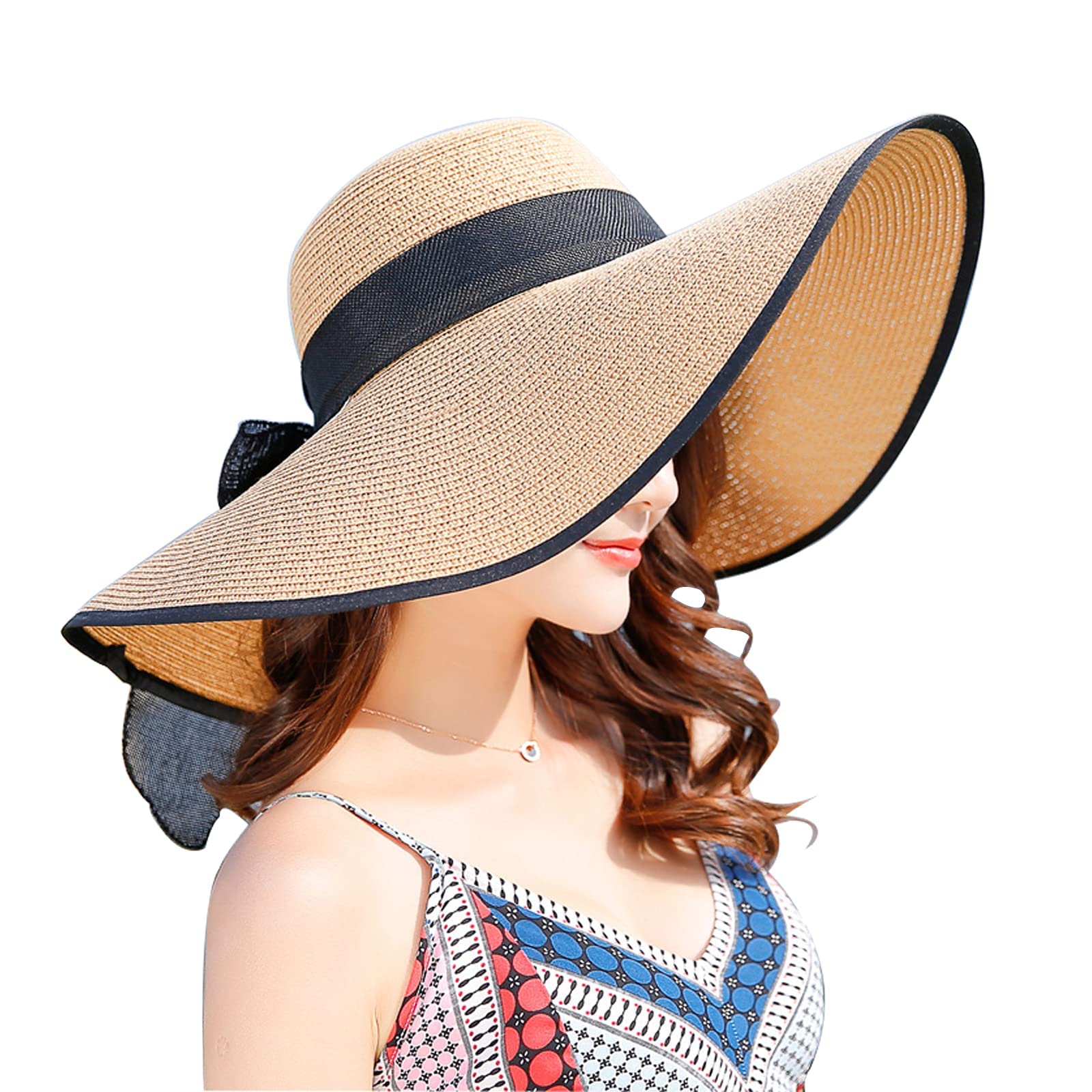 Women's Folable Floppy Hat,Wide Brim Sun Protection Straw Hat, Summer UV Protection Beach Cap(Beige)