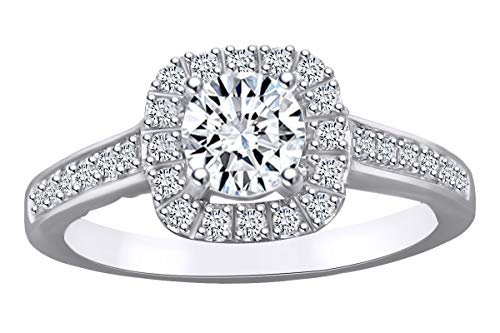 AFFY 0.90 Carat (Ctw) Round Shape White Natural Diamond Halo Engagement Wedding Ring In 14k Solid White Gold Ring Size-6.5