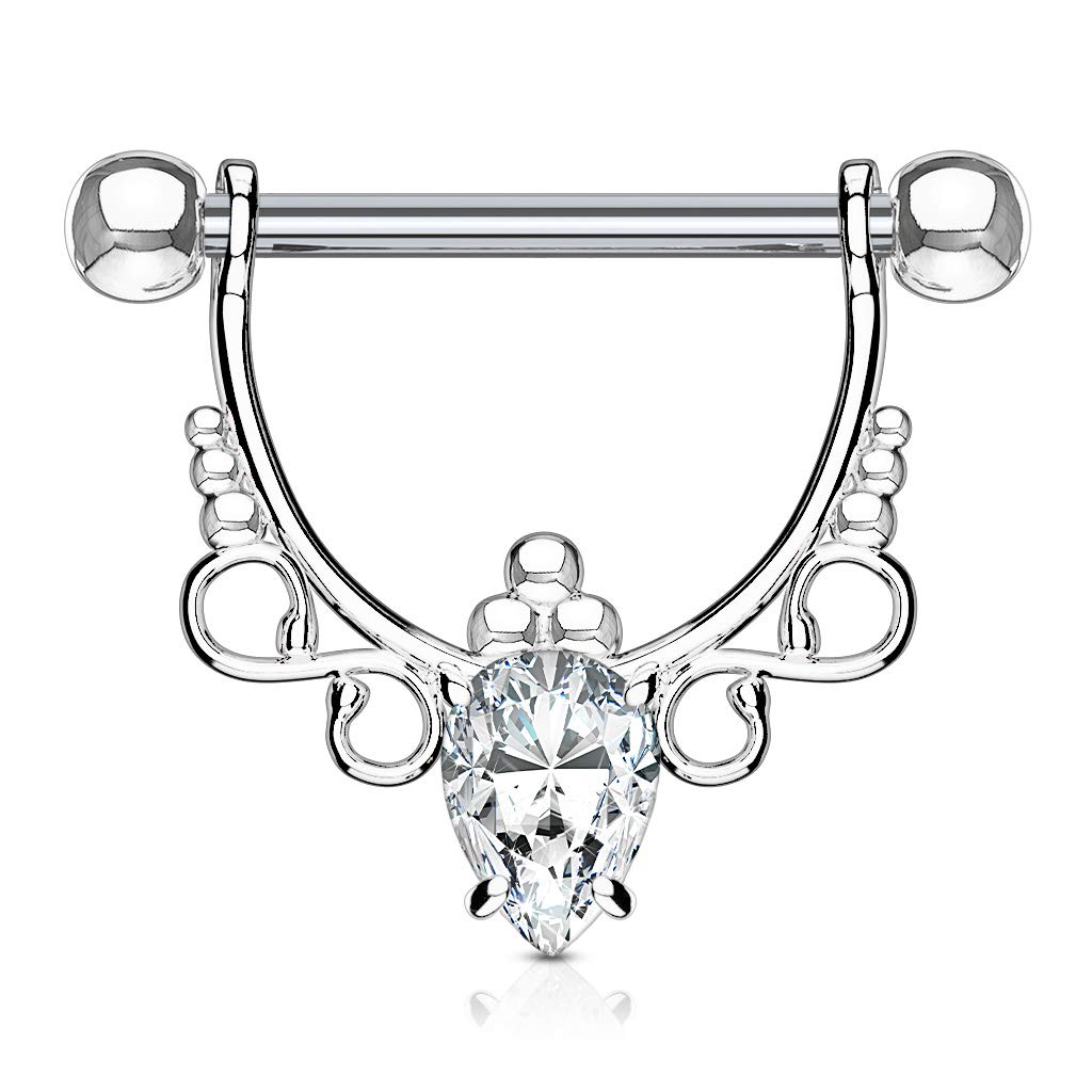 WILDKLASS Pear CZ Center with Infinite Filigree Dangle 316L Surgical Steel Nipple Rings (Clear)