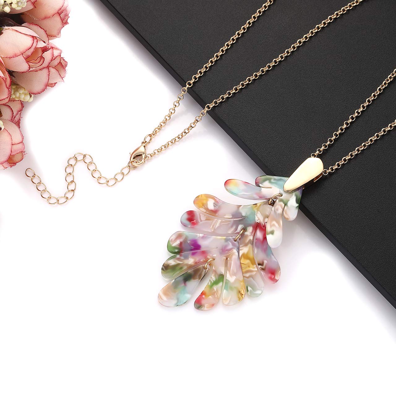 Acrylic Pendant necklace Earrings – Long Statement Leaf Charm Necklace Tortoise Resin Palm Leaf Earrings Fashion Necklaces Earrings for Women