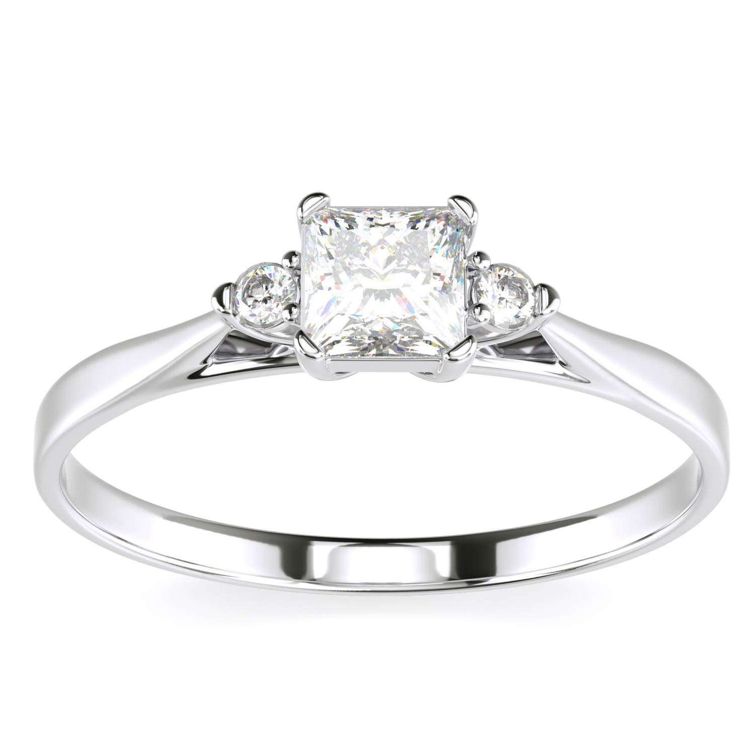 The Jewelry Galleria 14K White Gold Princess Cut Center Stone White CZ 3 Three Stone Engagement Ring Size 7