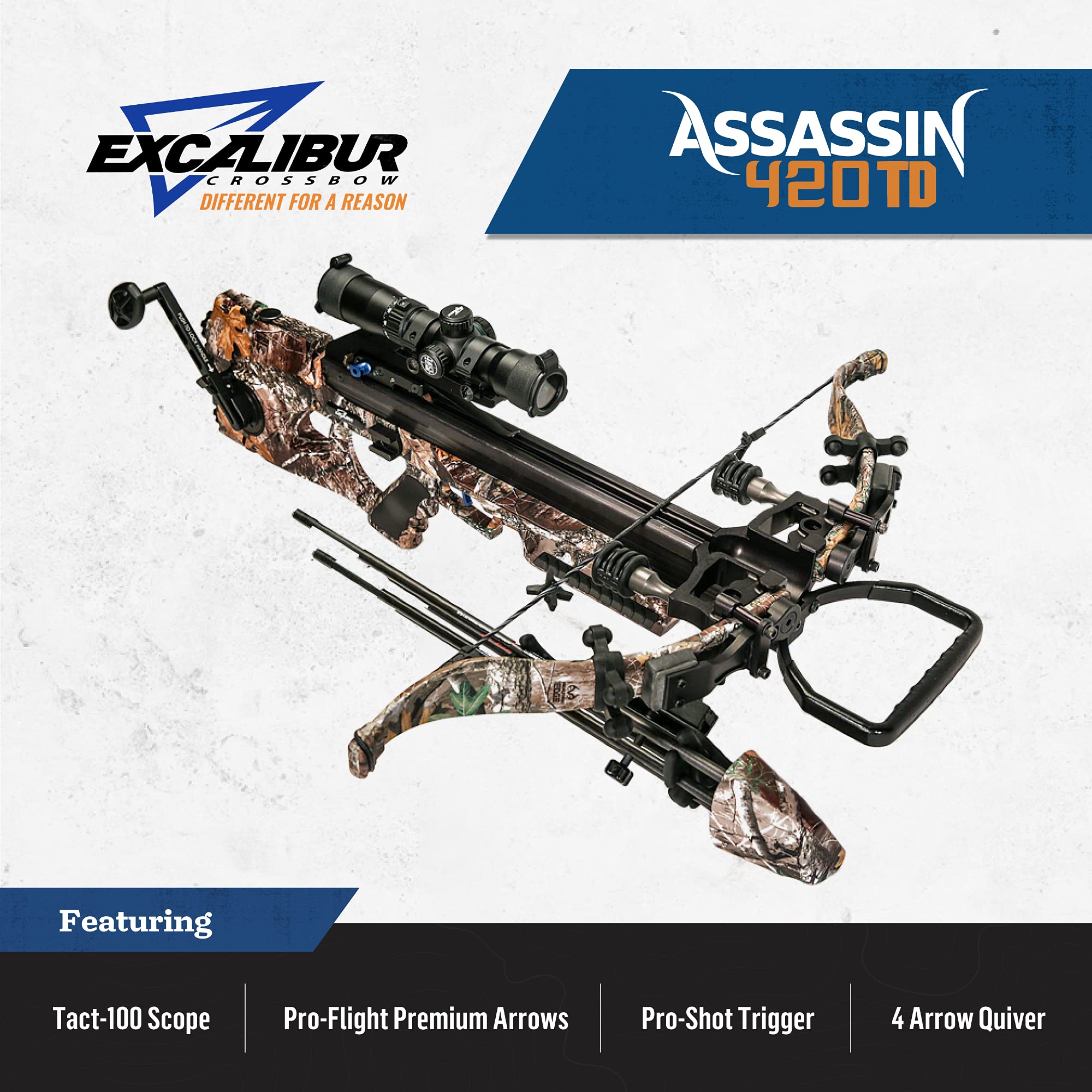 Excalibur Assassin 420 TD Accurate Adjustable Durable Safety Hunting Archery Crossbow - 30 mm Scope Rings, 4 Proflight 18" Arrows, 4-Arrow Quiver Included