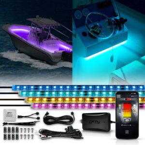 opt7 aura pro bluetooth led marine boat light, w/music sync rgb interior lighting strip, multi color n mode, ios/android smart app, ip67 waterproof deck lights for pontoon bass yacht kayak, 12v