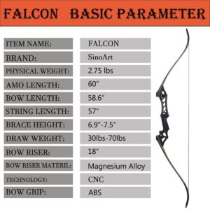 SinoArt Falcon 60" Takedown Hunting Recurve Bow Metal Riser 70 Lbs Black/Camo Right Handed (Black)